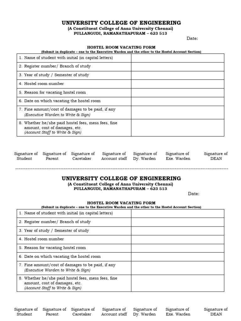 Hostel Room Vacating Form-1 | PDF