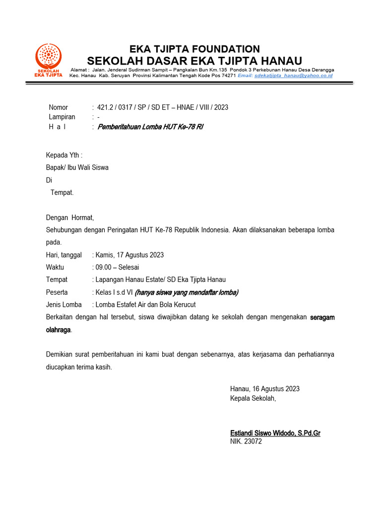 Surat Pemberitahuan Lomba HUT RI | PDF