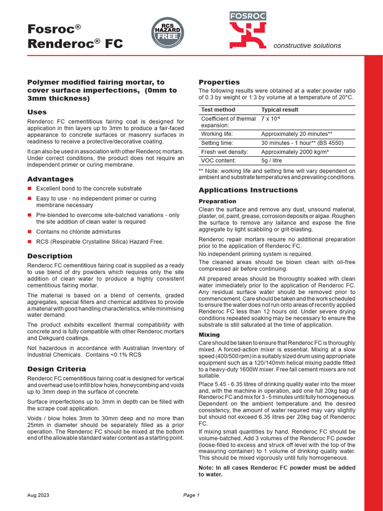 Fosroc_Renderoc_FC_TDS | PDF | Concrete | Cement