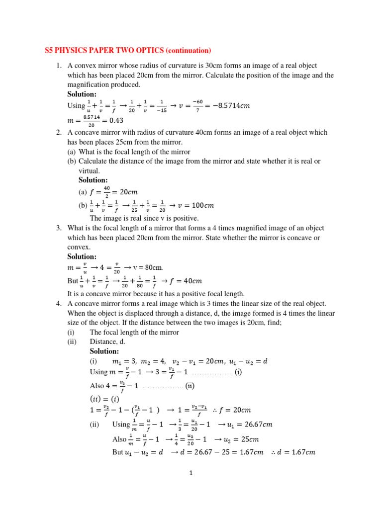 s5 Physics Paper Two Optics (Continuation) | PDF | Refraction | Mirror