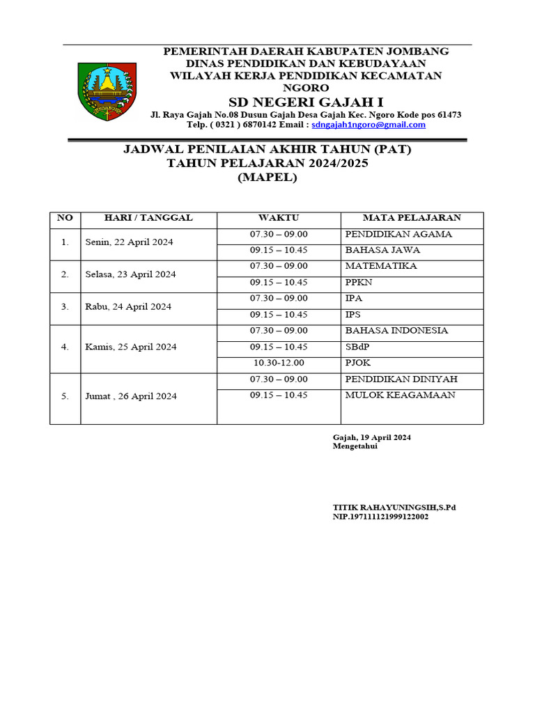 JADWAL PAT KELAS 6 2024 Mapel (Sampai Jumat) | PDF