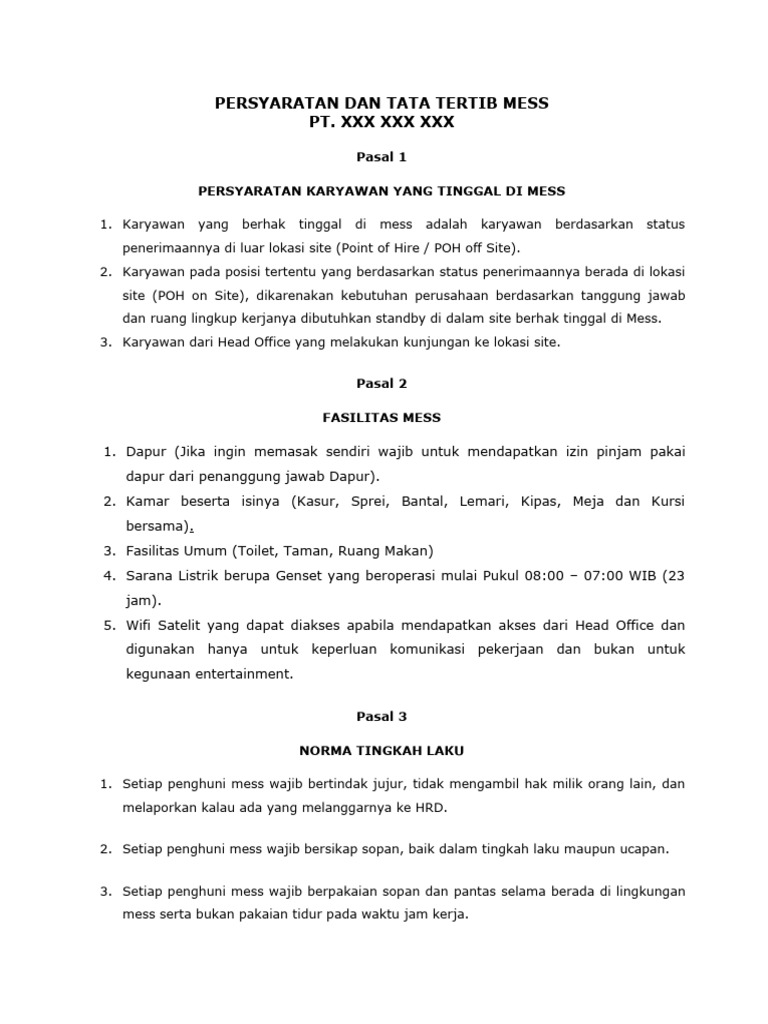 Tata Tertib dan Fasilitas Mess Karyawan | PDF