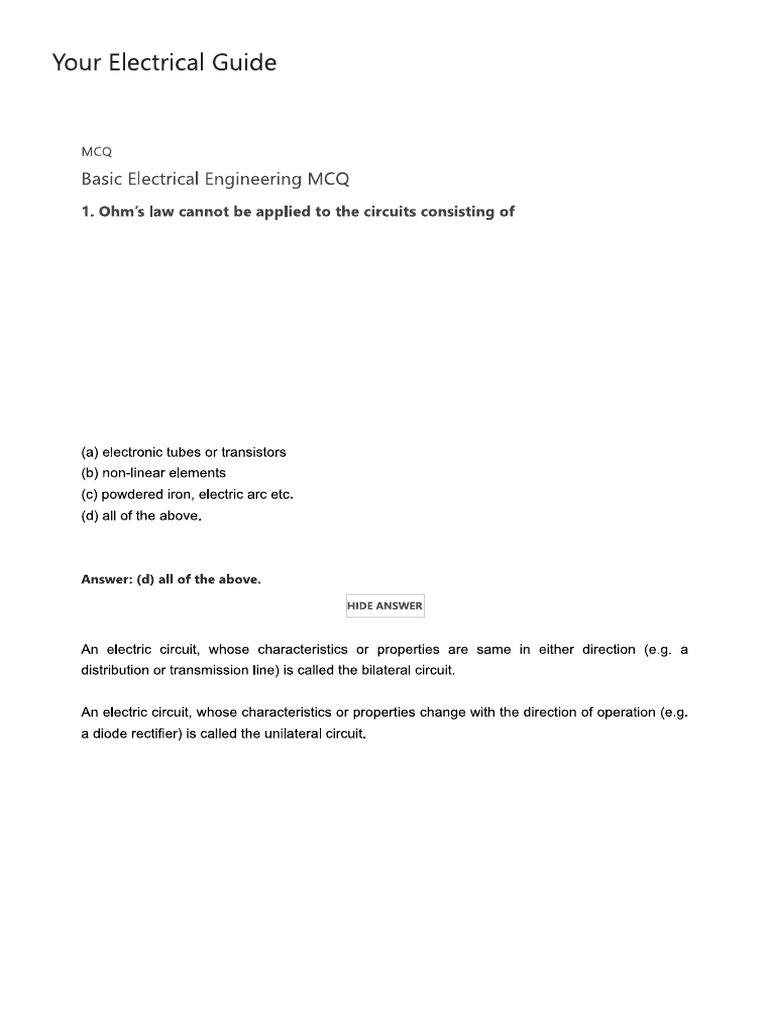 Basic Electrical Engineering MCQ | PDF