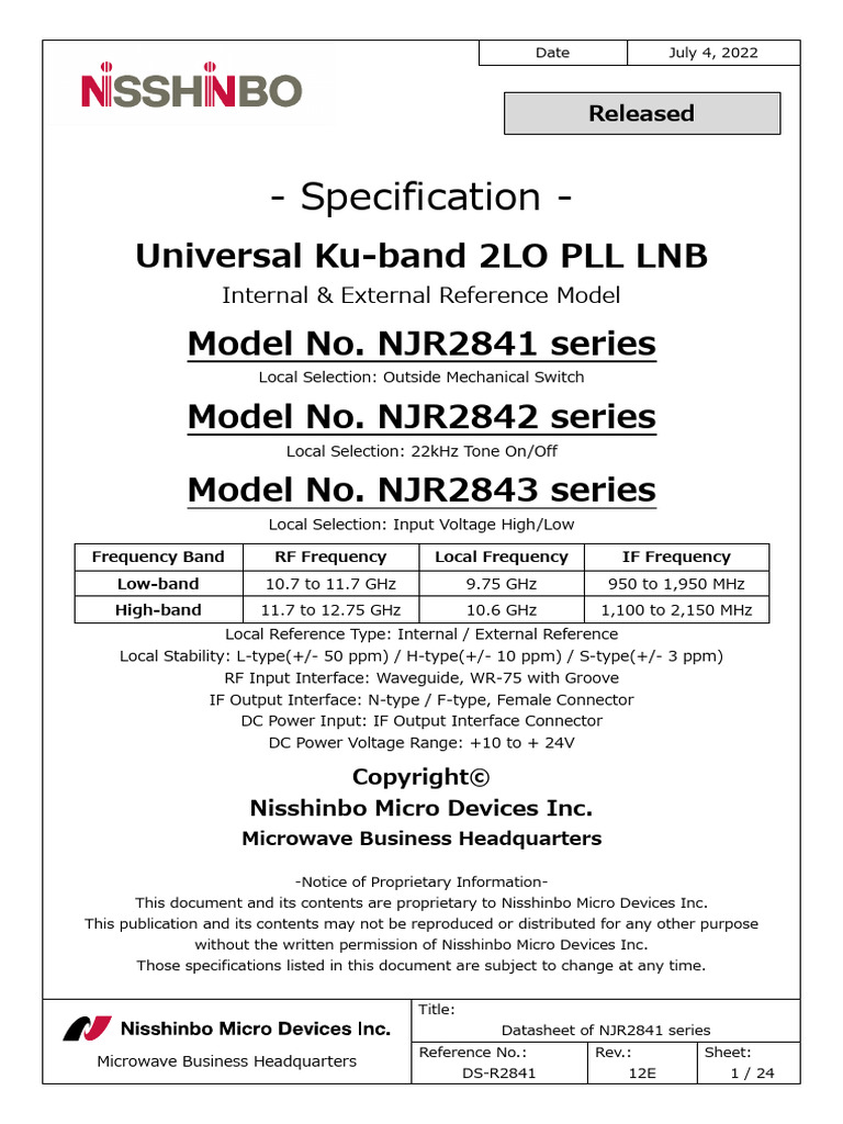 LNB NJR284x | PDF | Amplifier | Telecommunications Engineering