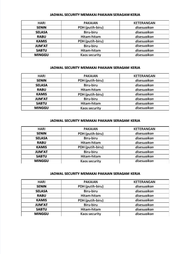 PDF Jadwal Security Memakai Pakaian Seragam Kerja - Compress | PDF