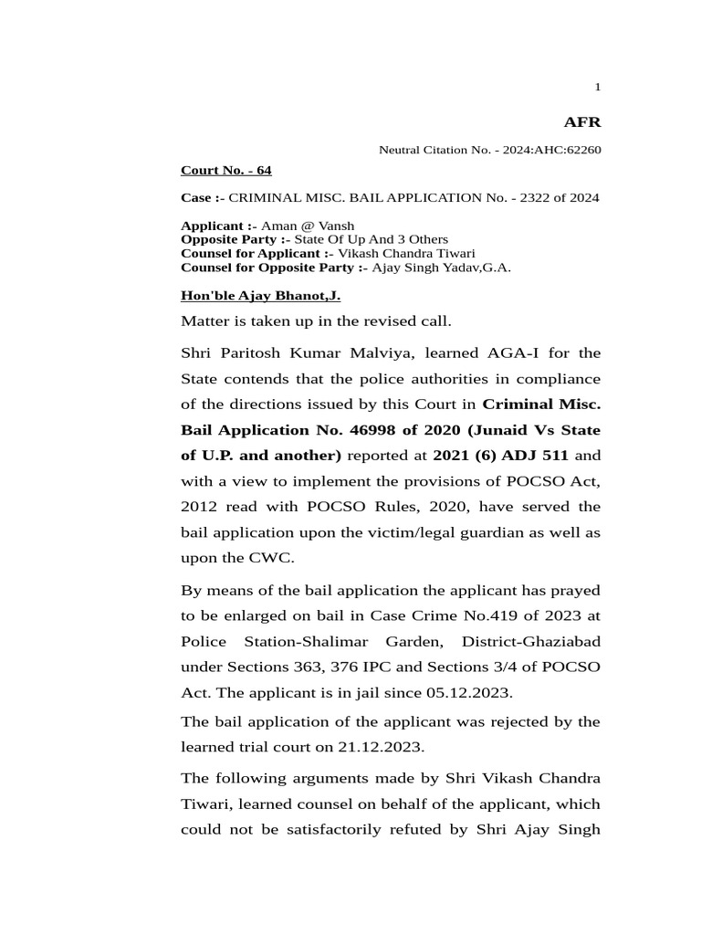 Aman Vansh Vs State of Up and 3 Others 2024 Livelaw Ab 239 Criminal Misc Bail Application No ...