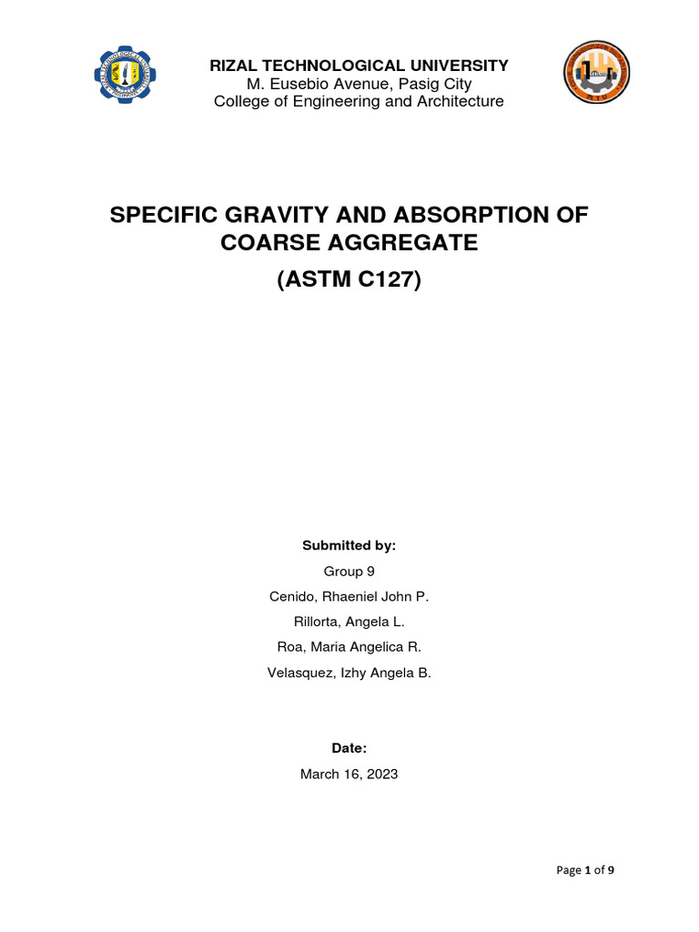 Specific Gravity and Absorption of Coarse Aggregate (ASTM C127) | PDF ...