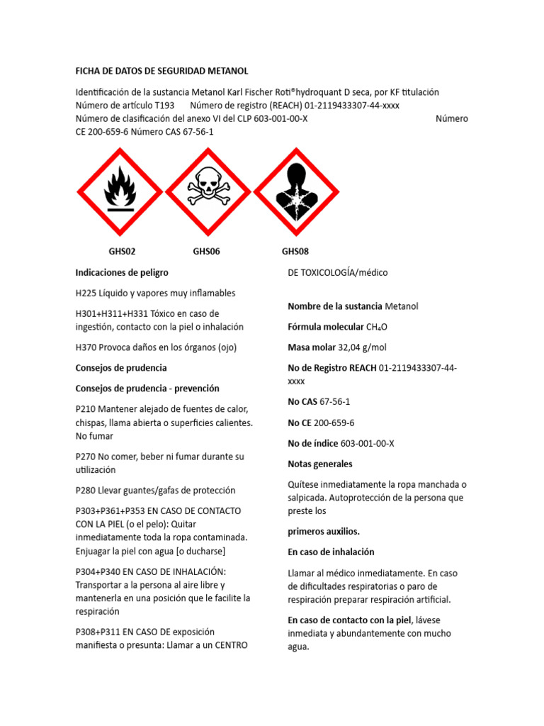 Ficha de Datos de Seguridad Metanol | Descargar gratis PDF | Agua | Química