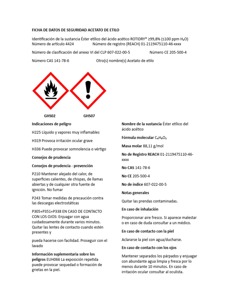 Ficha de Datos de Seguridad Acetato de Etilo | PDF | Agua | Acetato