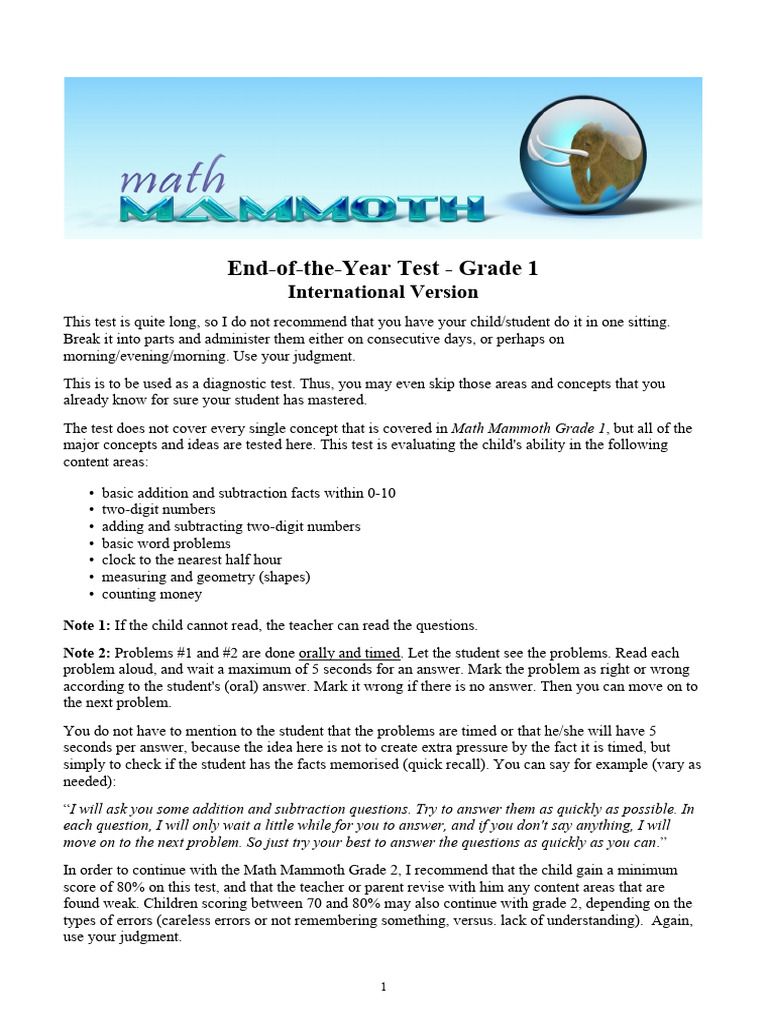 Grade 1 End-of-Year Math Test | PDF | Cognition