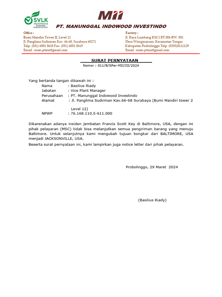 Perubahan Tujuan Pengiriman PT MII | PDF