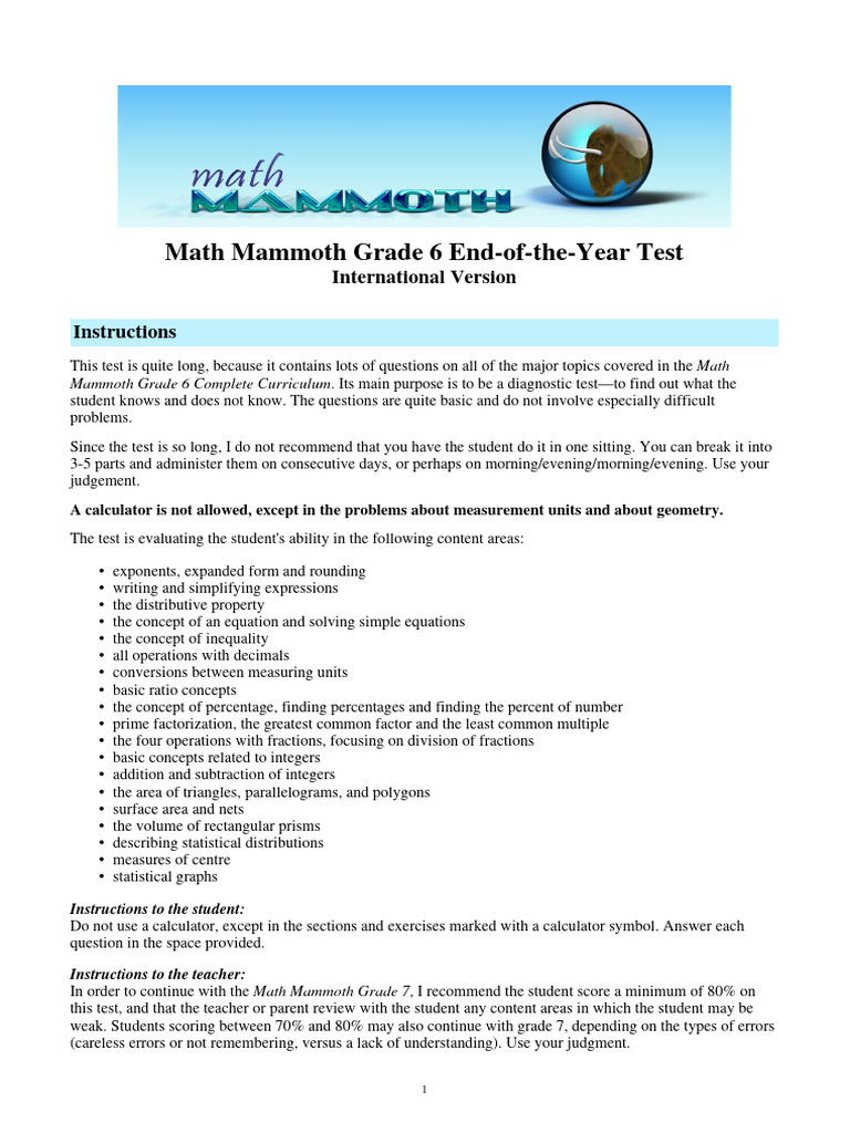 Grade 6 Math Mammoth Year-End Test | PDF | Area | Ratio