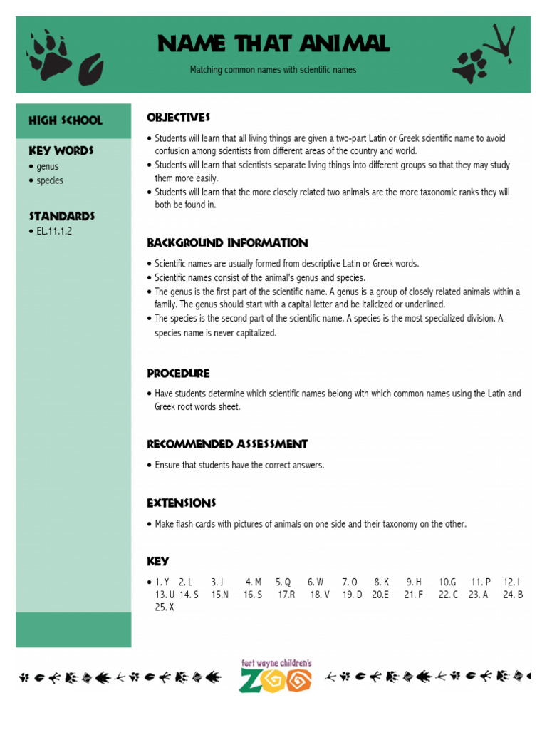 Name That Animal | PDF | Genus | Species