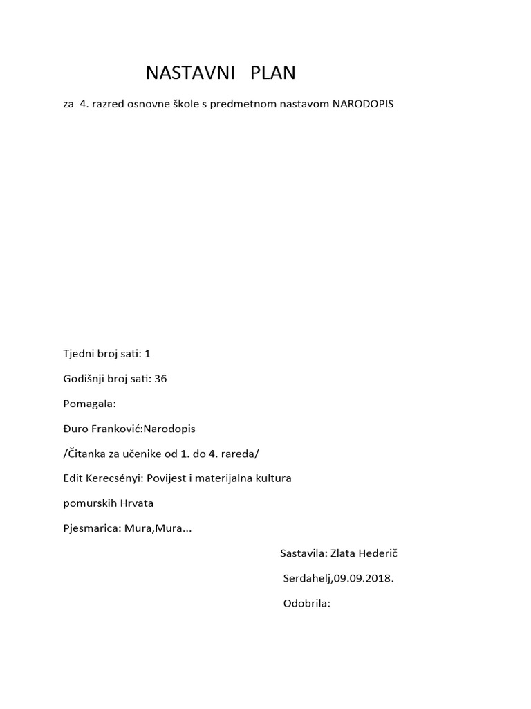 NASTAVNI PLAN 4. narodopis jó | PDF