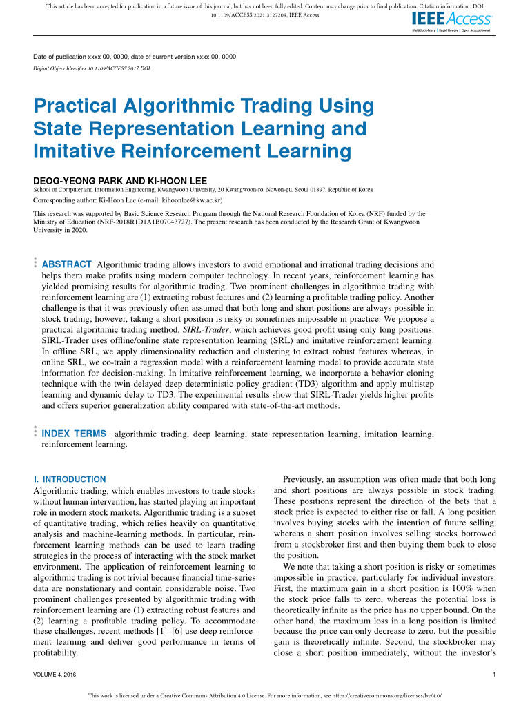 Practical Algorithmic Trading Using State Represen | PDF | Short ...
