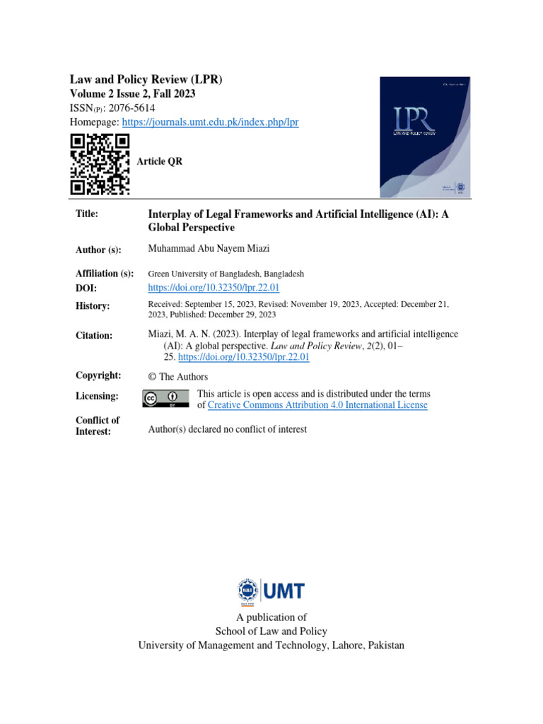 Interplay of Legal Frameworks and Artificial Intelligence (AI) : A ... Interplay of Legal Frameworks and Artificial Intelligence (AI) : A ...
