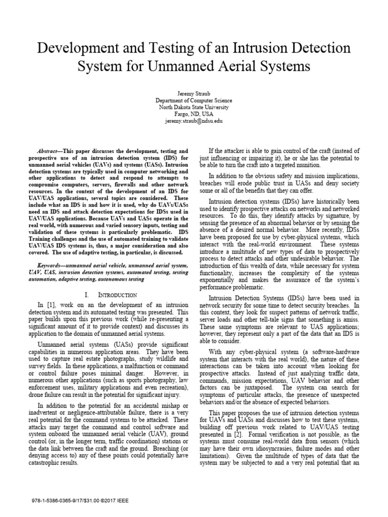 Development and Testing of An Intrusion Detection System For Unmanned ...