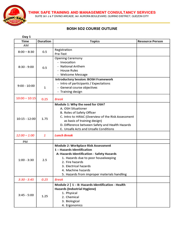 Bosh Course Outline | PDF | Hazards | Risk Assessment