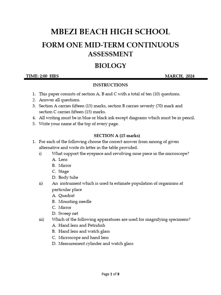 F1 Biology-F1 March 2024 | PDF | Microscope | Urea