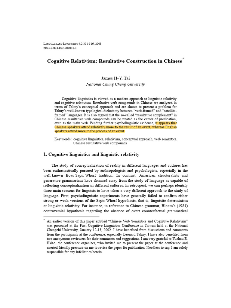 Cognitive Relativism - Resultative Construction in Chinese | PDF ...