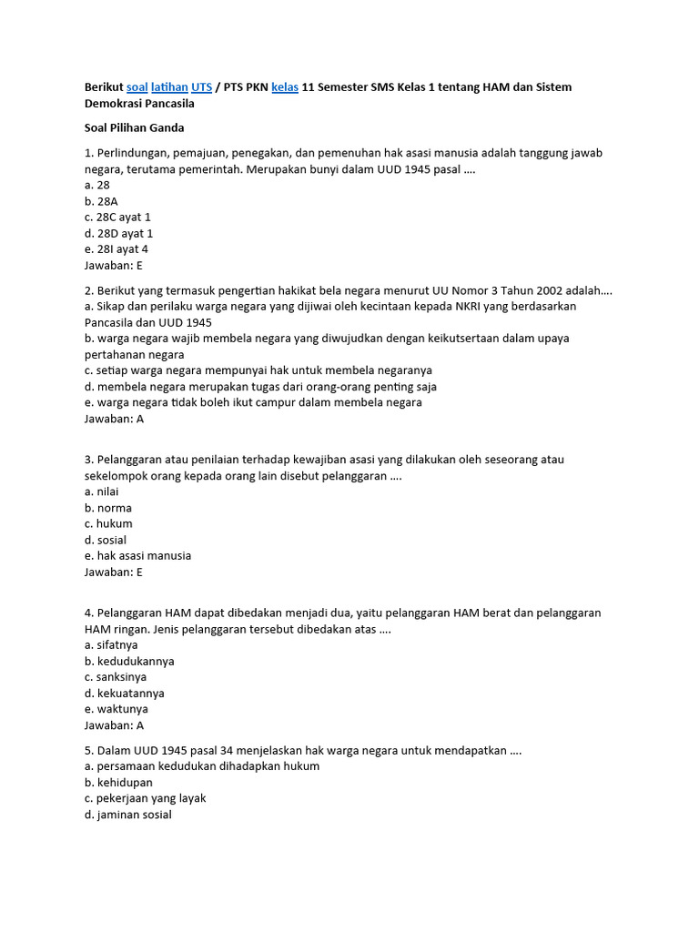Contoh Soal UTS PKN Kelas 11 Semester 1 Dan Kunci Jawaban | PDF