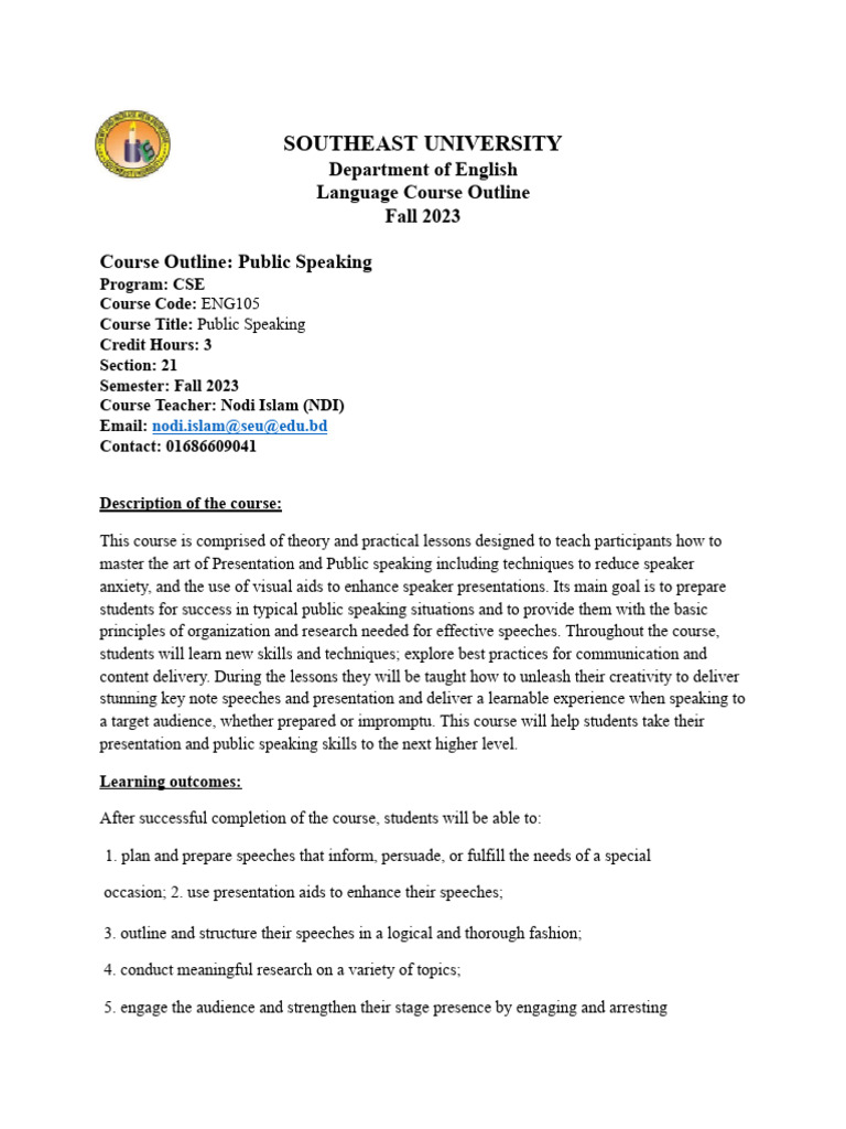 ENG105 Course Outline | PDF | Public Speaking | Communication