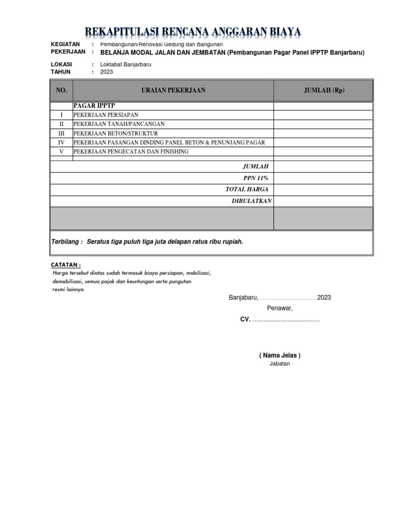 Kosongan RAB Pagar Panel Beton Ram Holo Diatas 2023 | PDF