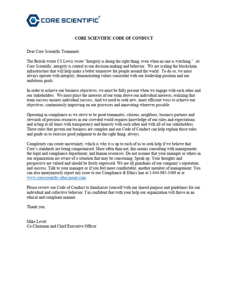 Core Scientific Code of Conduct Guide | PDF | Insider Trading | Bribery