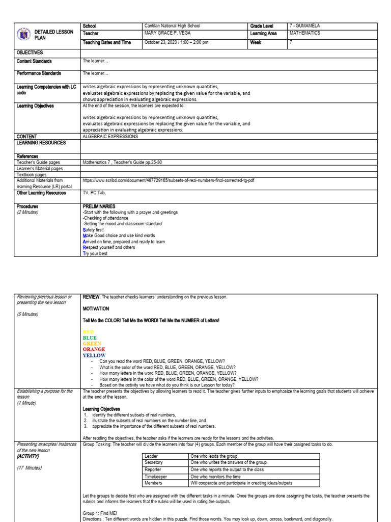 DLP CO 2 S.Y. 2023-2024 Grace Vega | PDF | Numbers | Learning