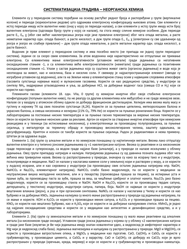 Sistematizacija Gradiva - Neorganska Hemija | PDF