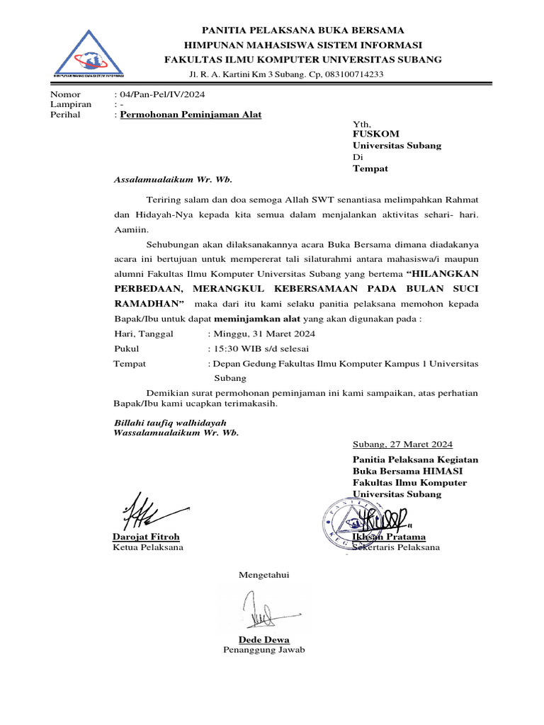 Surat Peminjaman Alat Acara BUKBER 2024 | PDF