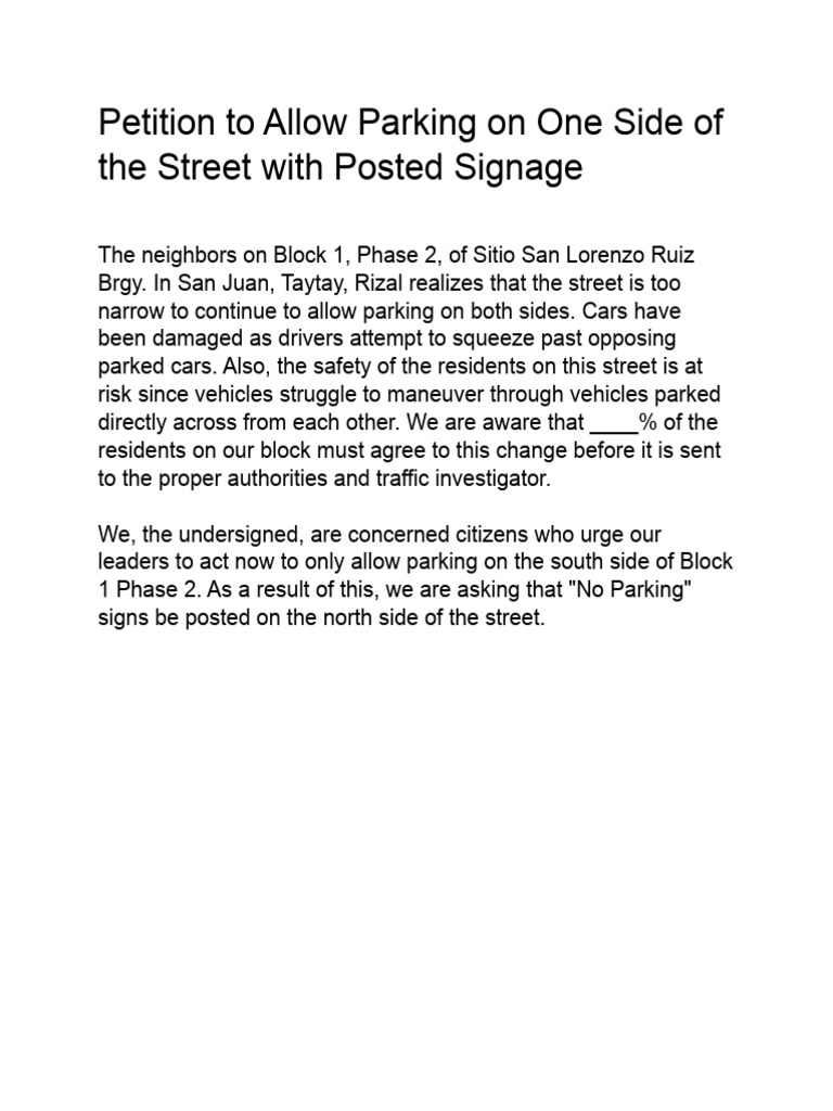 One Side Parking Petition | PDF | Home & Garden | Technology & Engineering