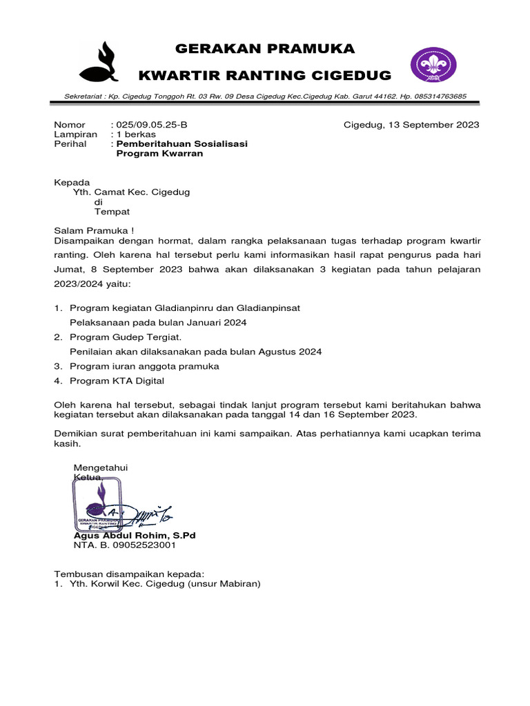 G. Surat Pemberitahuan Sosialisasi Program Kwarran Camat | PDF