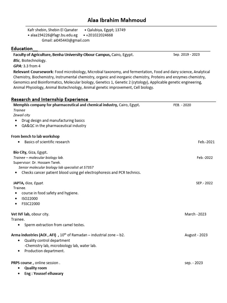 Alaa Ibrahim (CV) - 1 | PDF | Biotechnology | Molecular Biology
