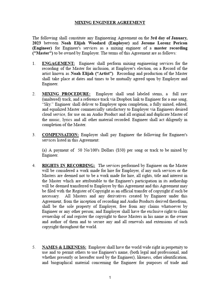 (SIGNED) Lorenz + Noah Elijah Recording Engineer Agreement | PDF ...