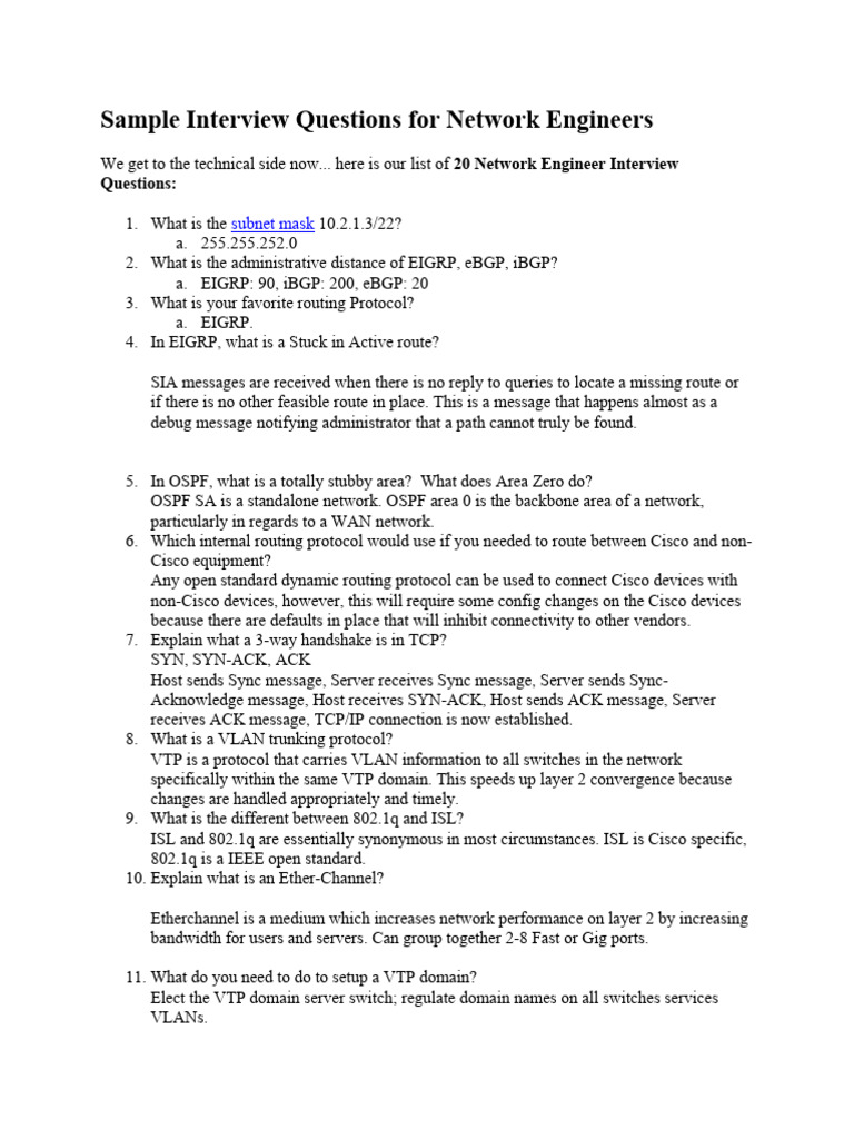 Sample Interview Questions For Network Engineers | PDF | Network Switch ...