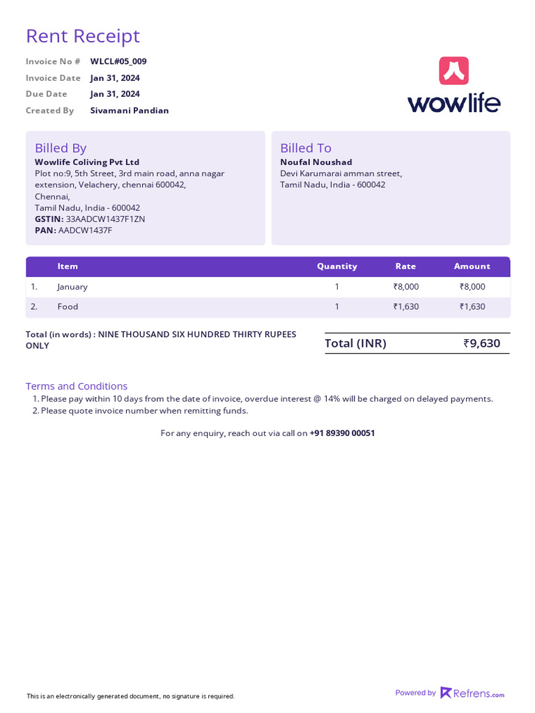 Invoice wlcl05 - 009 Wowlife Coliving PVT LTD Noufal Noushad | PDF | Finance & Money Management