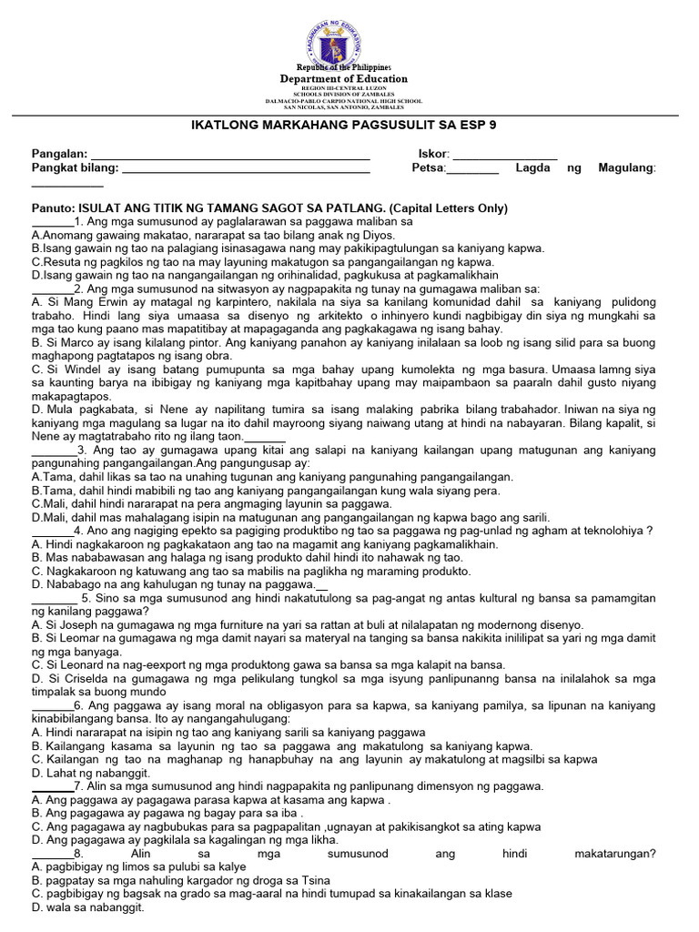 Ikatlong Markahang Pagsusulit Sa Esp 9 | PDF