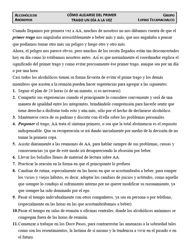 Cómo evitar el primer trago en AA | PDF | Alcoholismo