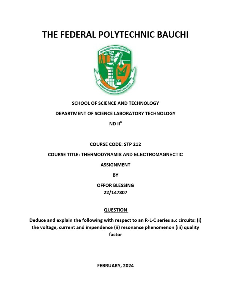 Dept SLT (Assignment) Thermodynamis and Electromagnectic Blessing Thermo | PDF | Electrical ...