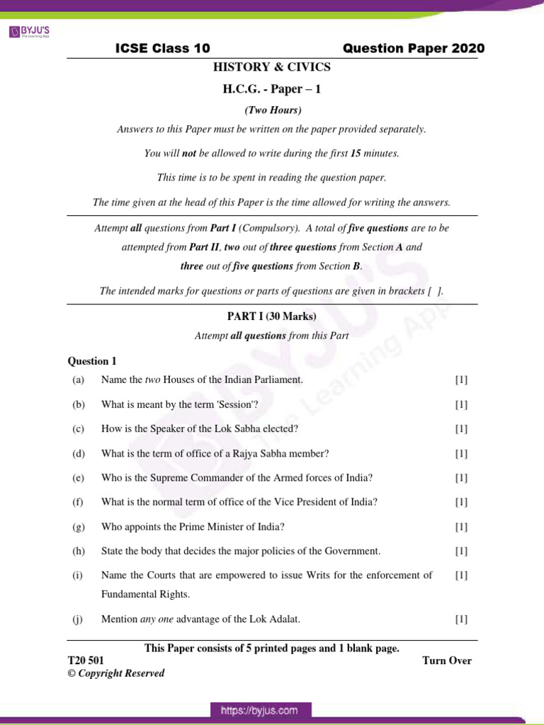 ICSE Class 10 History and Civics Question Paper 2020 | PDF | Government ...