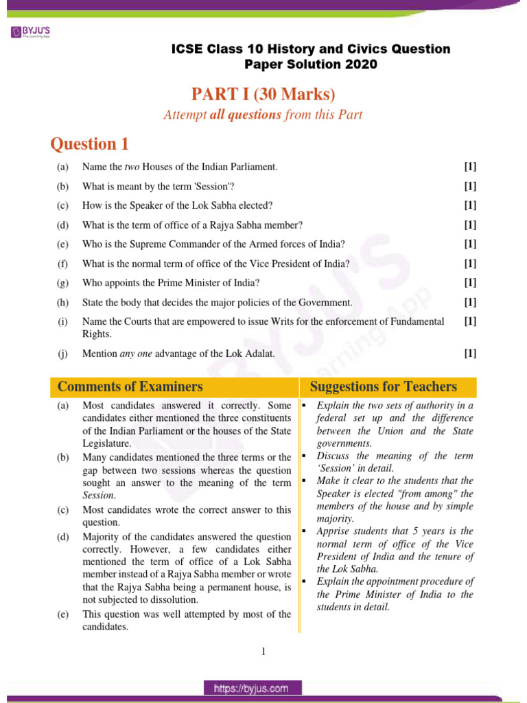 ICSE Class 10 History and Civics Question Paper Solution 2020 | Download Free PDF | Partition Of ...
