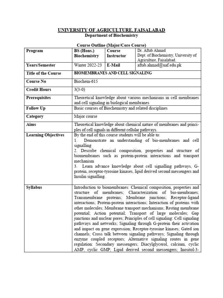 Biochem-615-Lecture Plan | PDF | Cell Signaling | Signal Transduction