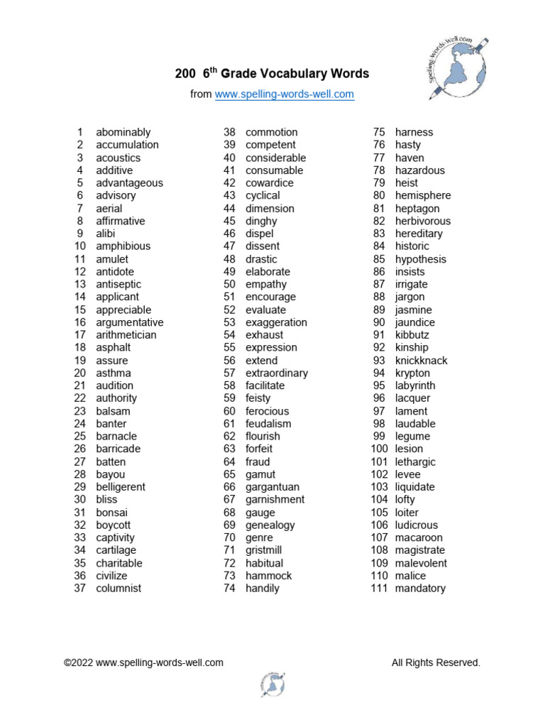 200 6th Grade Vocabulary Words | PDF