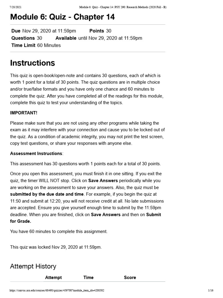 Module 6 Quiz Chapter 14 PSY 290 Research Methods 2020 Fall B PDF | PDF | Methodology | Meta ...