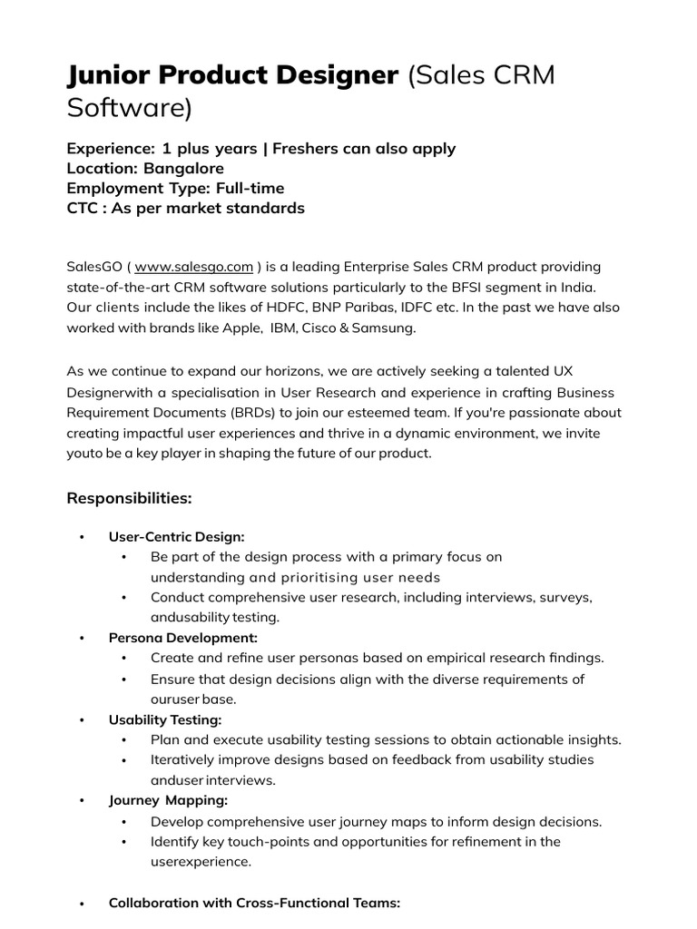 Junior UX Designer Role at SalesGO | PDF | Usability | Design