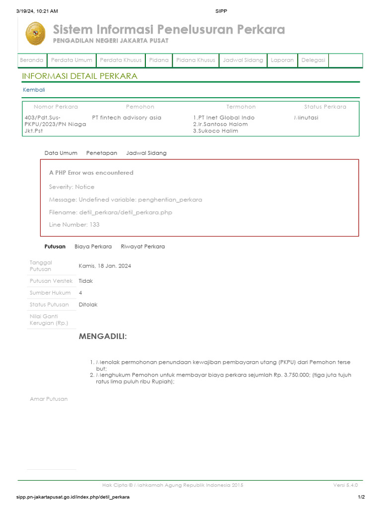 SIPP PKPU INET 403. Permohonan Dtolak | PDF