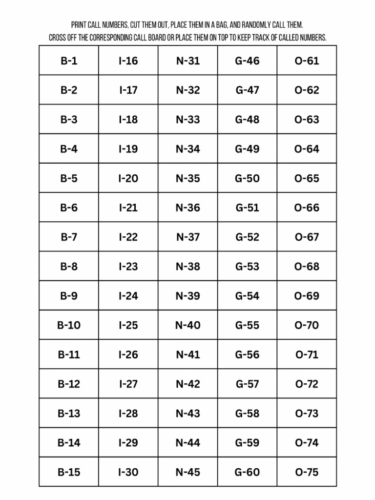 Bingo Call Numbers and Call Board | PDF