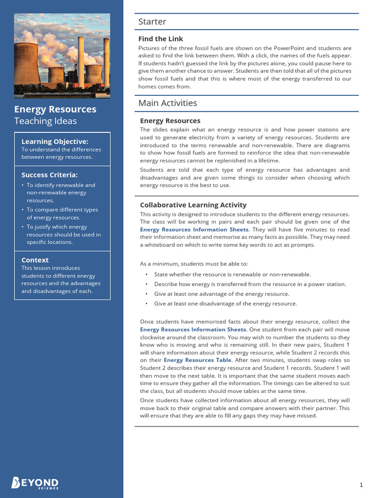KS3 Energy Resources Teaching Ideas | PDF | Renewable Energy | Power ...