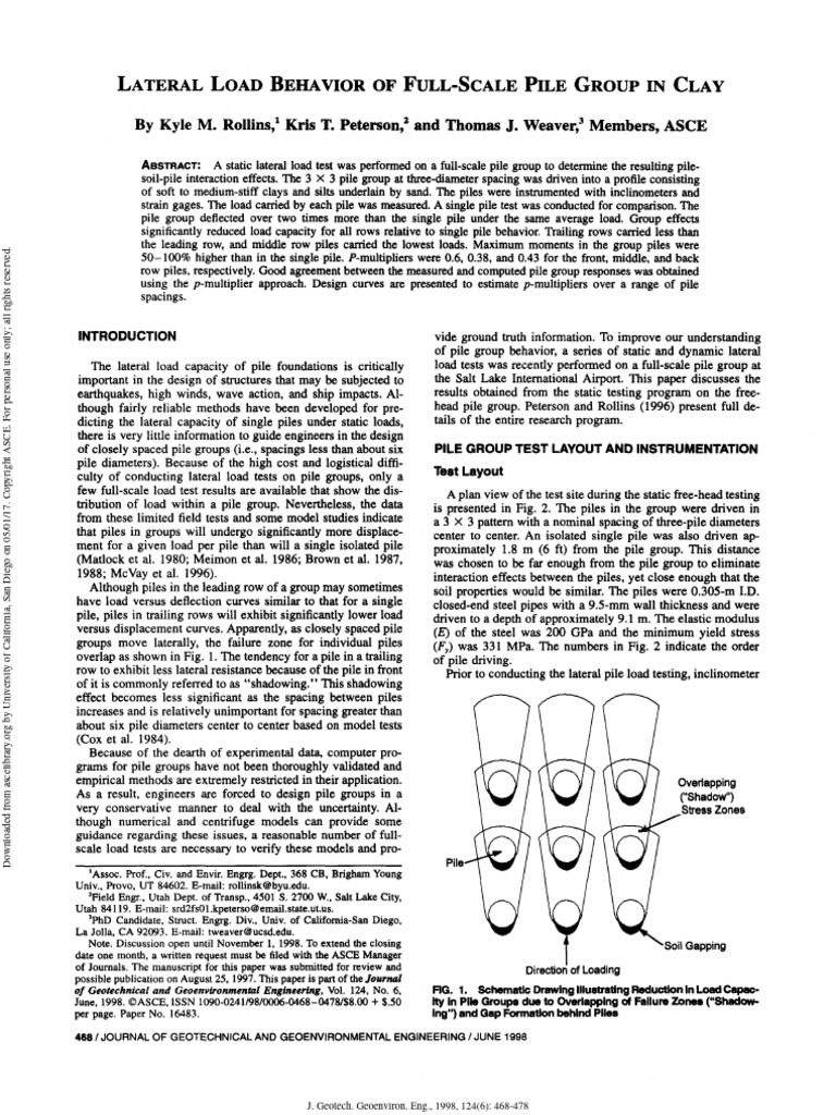 Rollins1998 - Lateral Load Behavior of Full-Scale Pile Group in Clay ... Rollins1998 - Lateral Load Behavior of Full-Scale Pile Group in Clay ...